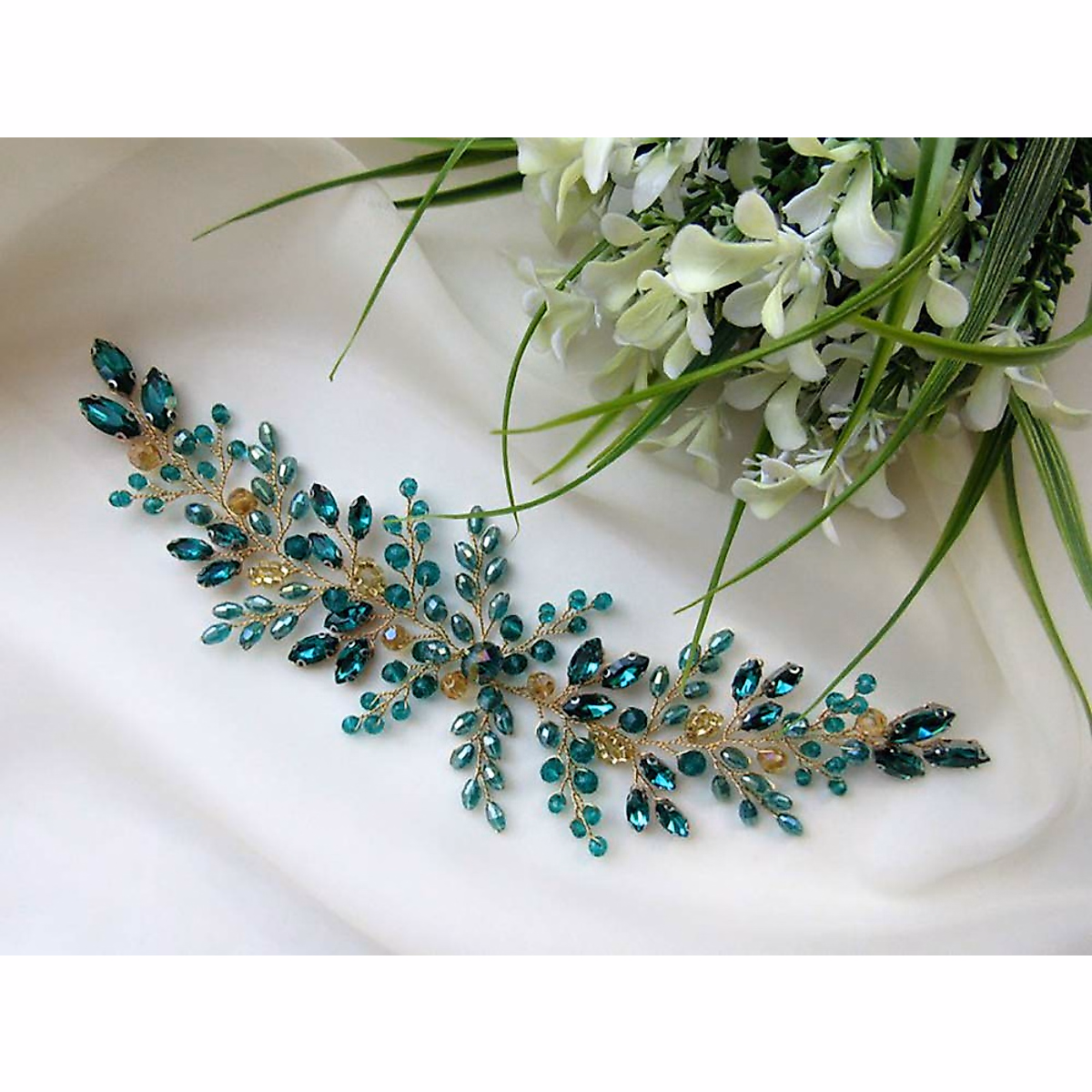 Denifery Emerald Wedding Hair Piece Green Hair Vine Bridal Gold Jewelry Headpiece Wedding Hair Accessories