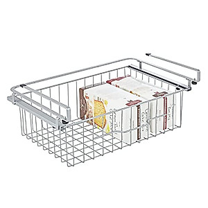 mDesign Large Metal Wire Hanging Pullout Drawer Basket - Sliding Under Shelf Storage Organizer - Attaches to Shelving - Easy Install - Silver