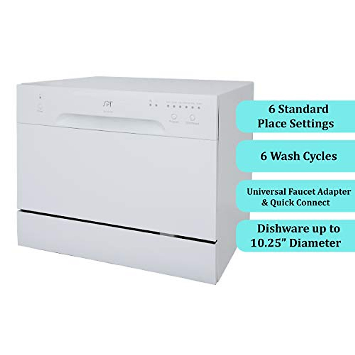 SPT SD-2213W ENERGY STAR Compact Countertop Dishwasher - Portable Dishwasher with Stainless Steel Interior and 6 Place Settings Rack Silverware Basket for Apartment Office And Home Kitchen, White