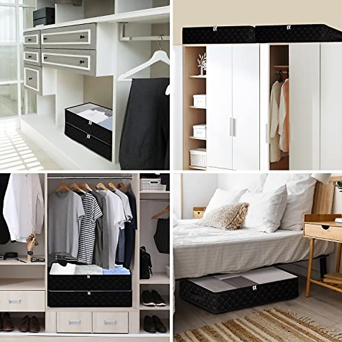 Fixwal 4 Pack Black Underbed Storage Bags with Clear Window and 2 Reinforced Handles Under Bed Storage Containers for Clothing, Bedding, Comforter