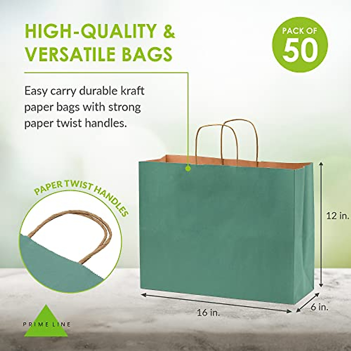 Green Gift Bags - 16x6x12 Inch 50 Pack Large Kraft Paper Gift Wrap Bags with Handles, Craft Totes for Small Business, Boutiques & Retail, Shopping, Gift Wrapping, Birthdays, Parties, Events, in Bulk