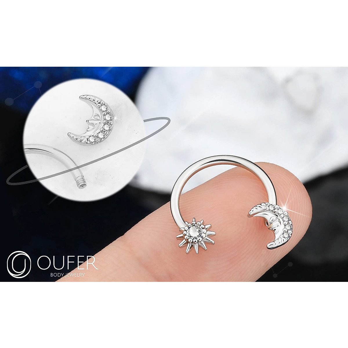 OUFER 16G Septum Rings, Star and Moon Design Nose Ring, Helix Earring, 316L Stainless Steel Tragus Daith Snug Conch Piercing Jewelry，Silver-Color