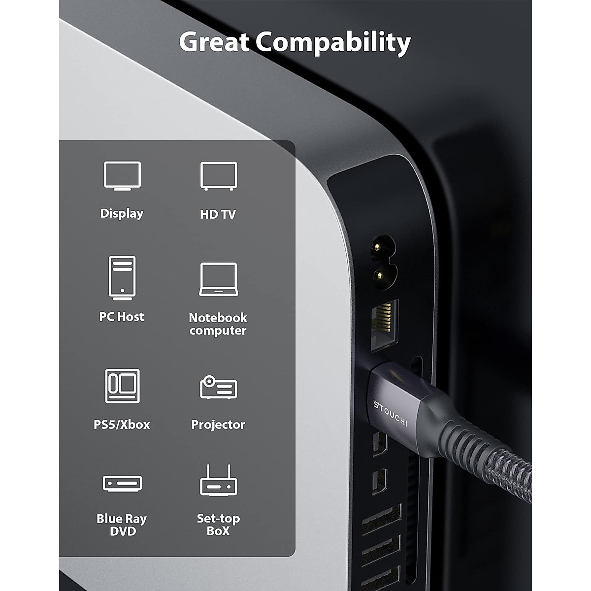 Stouchi 8K HDMI Cables 2-Pack 6FT, (Certified) 48Gbps Ultra High Speed HDMI® 2.1 Cord, 10K 8K@60Hz 4K@120Hz 144Hz, HDCP 2.2&2.3 SBTM Dynamic HDR eARC Compatible with Apple TV 4K/Roku TV/PS5/Blu-ray