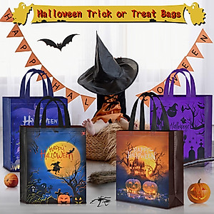 AhfuLife 6 Pcs Halloween Trick or Treat Bags, Large Halloween Candy Tote Bags with Handles, Reusable Halloween Non-Woven Gift Bags for Halloween Party Supplies Favors (15×11.8×3.9’’)