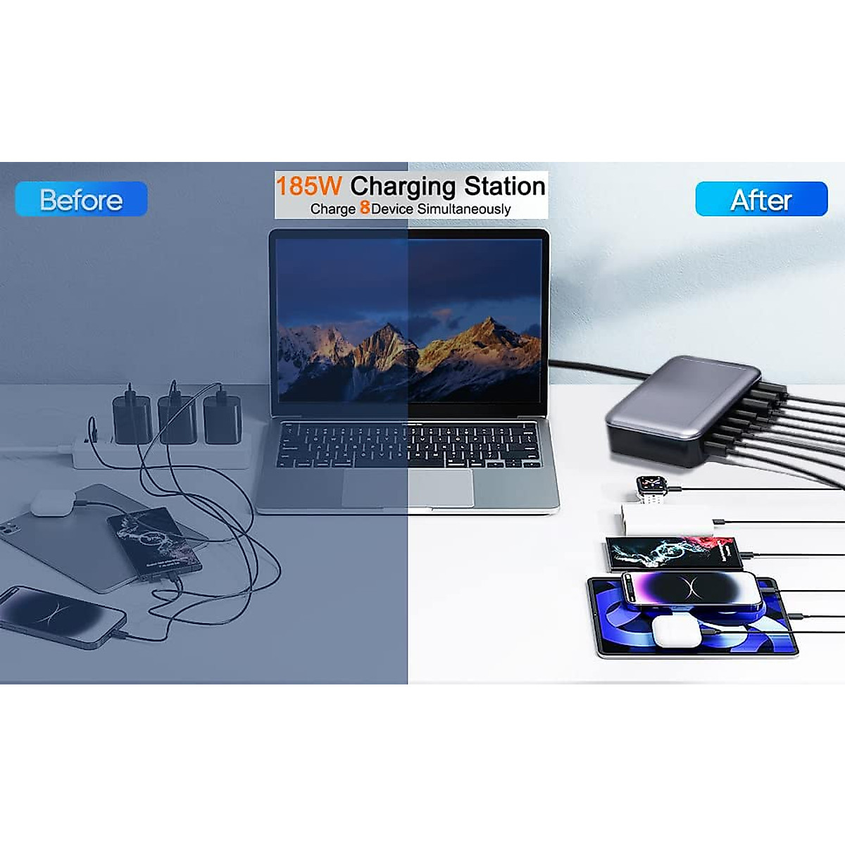 USB C Charger, 185W 8-Port USB C Charging Station with 5 USB-C Ports +3 USB-A Ports, USB C Wall Fast Charger Block for Tablets, Headphones, Smart Watches and More