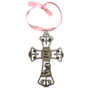 Silver Tone Bless This Child Guardian Angel Hanging Crib Medal, Cross with Pink Ribbon and Girl Kneeling to Pray, Mini Catholic Medals Baptism Gifts for Girls, 3.5 Inches