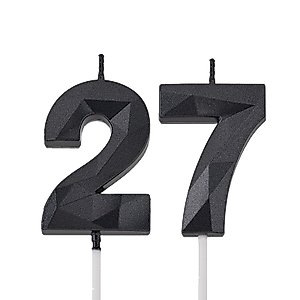 2 inch Black 27 Birthday Candles, 3D Diamond Number 27th Cake Topper for Boys Girls Birthday Party Decorations Theme Party