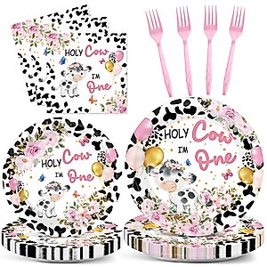 gisgfim 96Pcs Holy Cow I'm One Party Supplies Pink Cow Print Paper Plates Napkins Cow First Party Tableware Set Cow Floral Dinnerware for Girl 1st Birthday Party Table Dinner Decoration Serve 24