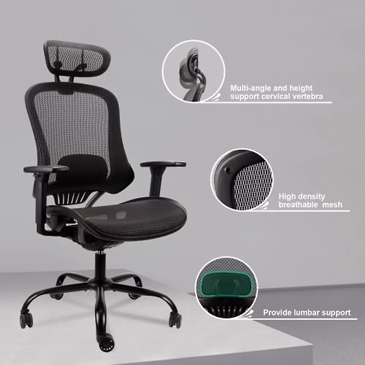 Komene Ergonomic Office Chair High Back Computer Chair Breathable Mesh Desk Chair, Adjustable Headrest and Lumbar Support with 3D Armrest Heavy-Duty Swivel Task Chair, Maximum Load 300lbs