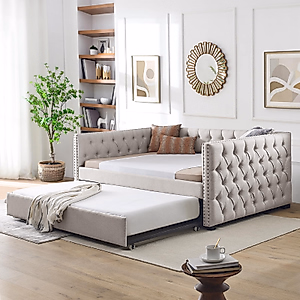 Antetek Daybed with Trundle, Modern Upholstered Full Size Button-Tufted Sofa Bed Frame with A Roll-Out Trundle, No Box Spring Needed, Furniture for Bedroom Living Room Guest Room (Beige, Full)