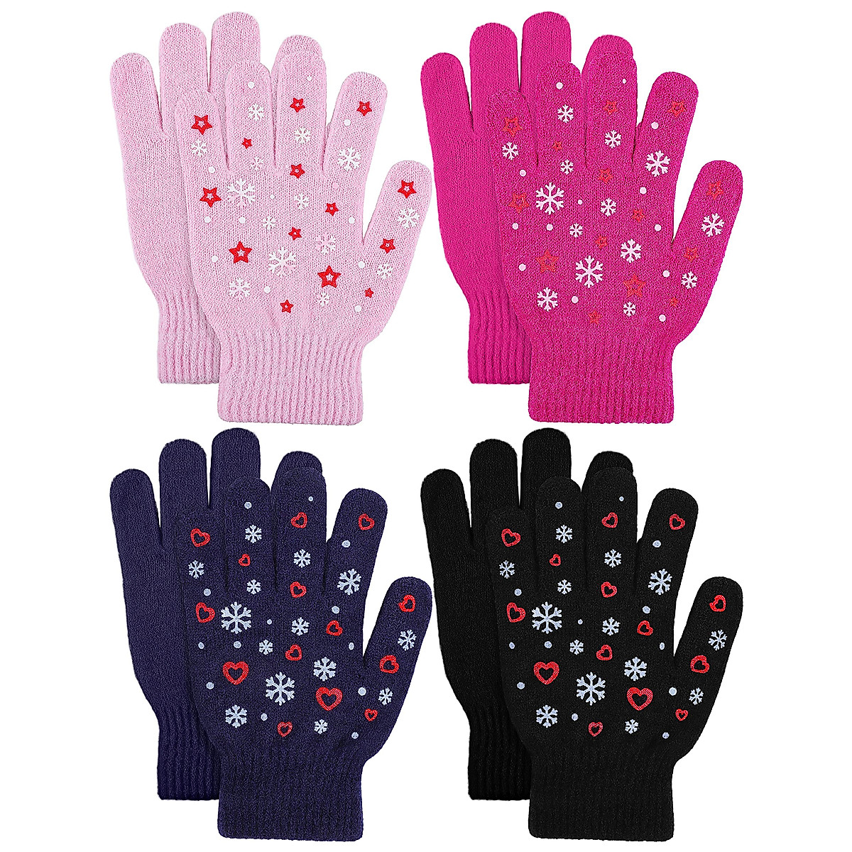 Cooraby 4 Pair Stretch Winter Kids Gloves Full Fingers Magic Gloves Winter Warm Student Knitted Gloves for Boys Girls Kids