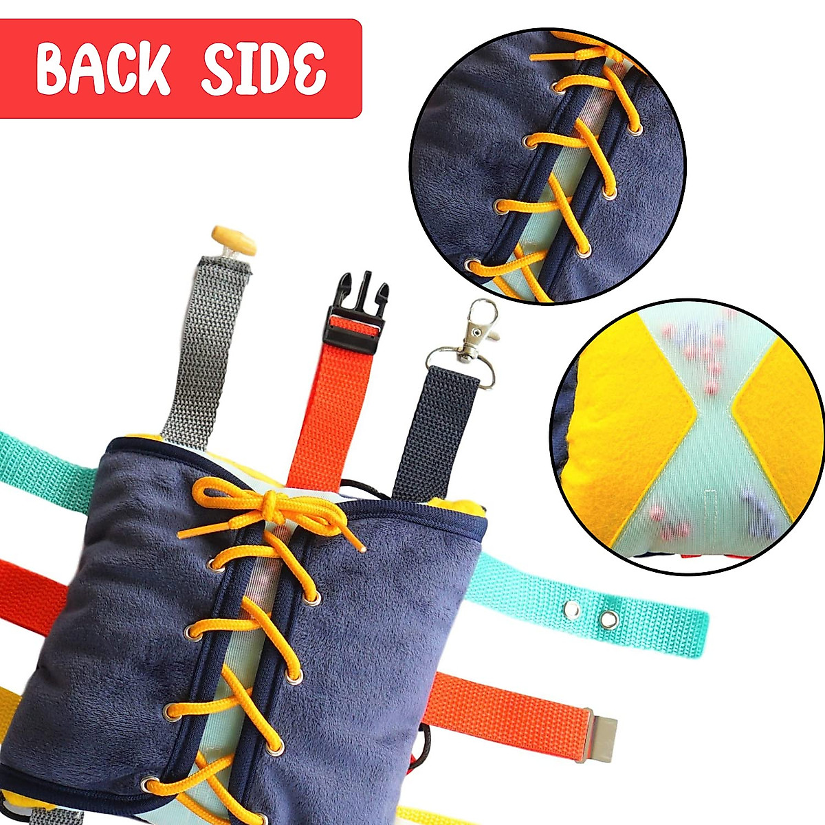 SENSORY4U Buckle Pillow Sensory Fine Motor Development Toy Activity Plushie - OT Therapy Tool Threading Counting Colors Latches Sorting Skills in One - 2nd Edition