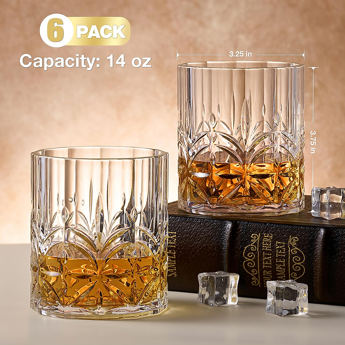 Hlukana Unbreakable Plastic Whiskey Glasses Set of 6, 14 Oz Old Fashioned Glasses for Scotch Cocktail Rum Bourbon Vodka Liquor, Unique Gifts for Men, Reusable, Clear, BPA-free, Dishwasher Safe