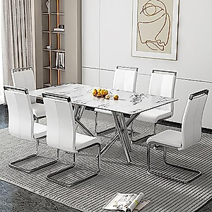 WOXYX Modern Large Simple Rectangular Glass Dining Table for 6-8 People with 0.39-inch White Imitation Marble Desktop and Silver Metal Legs, Black