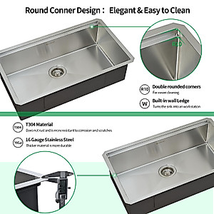 EcoChannels Undermount Kitchen Sink, 33 x 19 Inch Sink Kitchen 16 Gauge Stainless Steel Kitchen Sinks Single Bowl Workstation Sink with Cutting Board