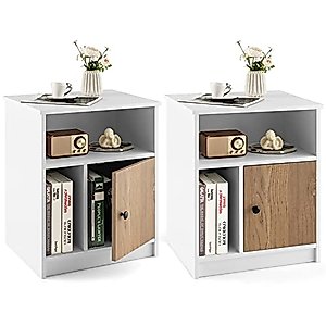 Tangkula Nightstand Set of 2, Wooden Sofa Side End Table with Bamboo Door & Open Compartments, Multifunctional 3 Tier Bedside Table for Bedroom, Accent Table with Storage (2, White)