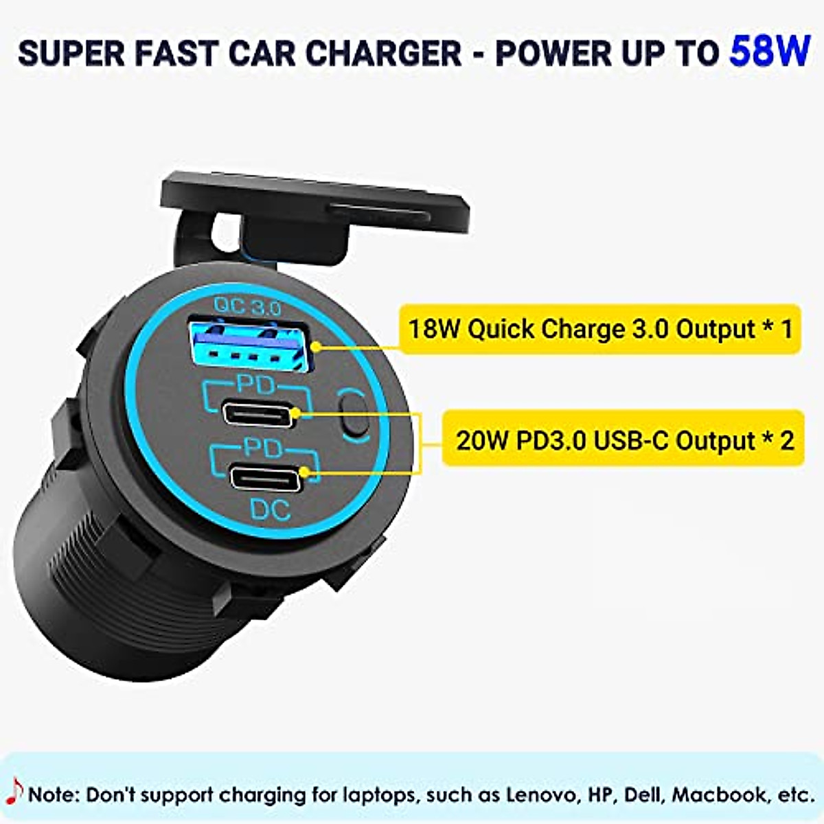 USB C Car Charger Socket 12V USB Outlet 2 Pack – Ouffun Newest 58W RV USB Outlet Dual 20W PD USB-C and 18W QC3.0 Car USB Port with Button Switch Waterproof for Car RV Boat Marine Truck Motorcycle ect