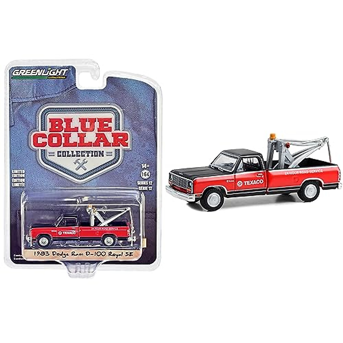 1983 Ram D-100 Royal SE Tow Truck Black and Red 24 Hour Service Blue Collar Collection Series 12 1/64 Diecast Model Car by Greenlight 35260C