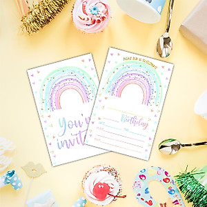 AWSICE Rainbow Birthday Party Invitations, Pastel Invite Cards (20-Pack) with Envelopes, Birthday Party Supplies Decorations(4"x6")-C01