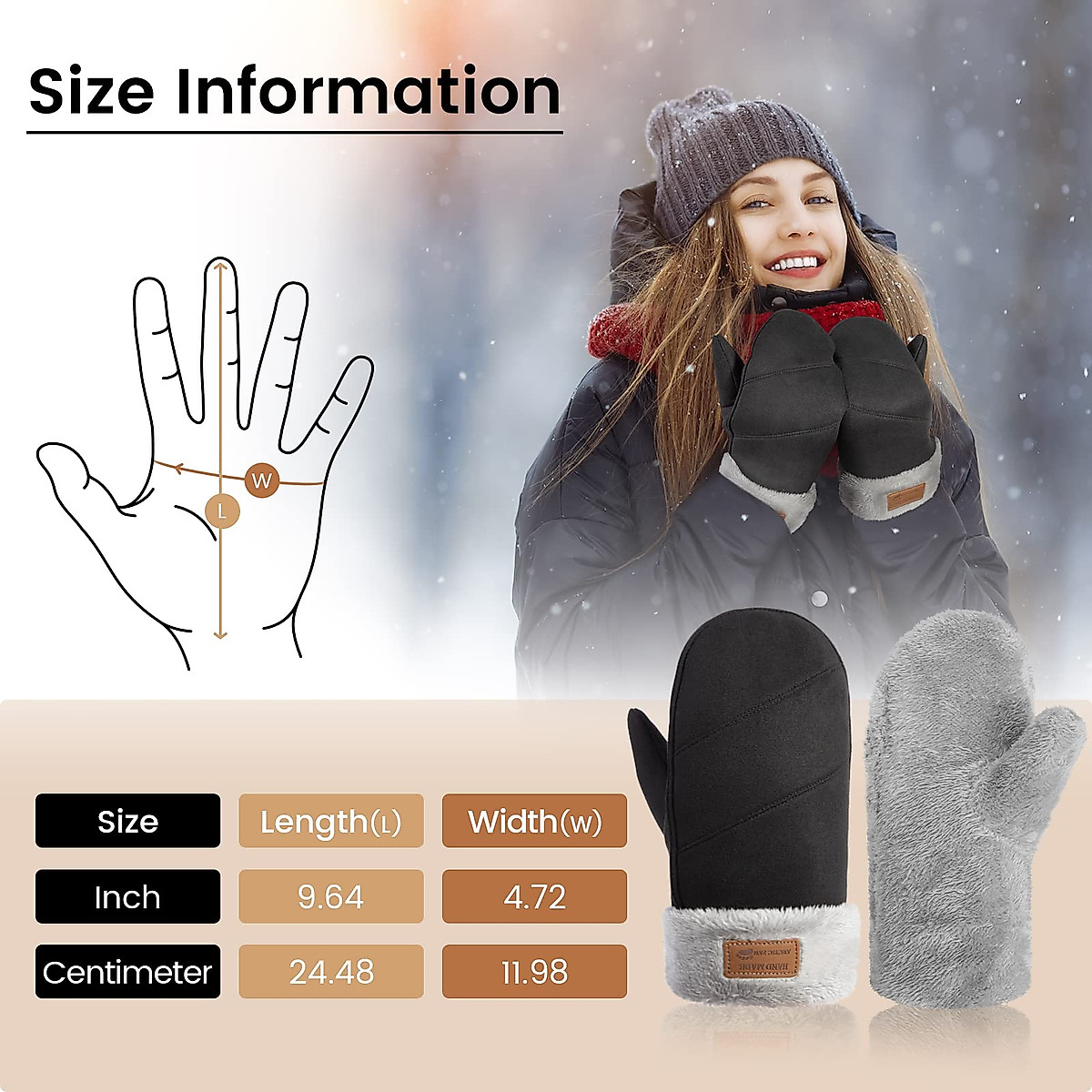 Arctic Paw Warm Black Faux Fur Running Mittens Women Winter Glove Mittens, Black