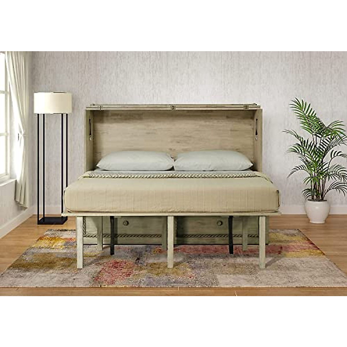 Mega Solutions Venetian Murphy Cabinet Bed with Deepest Storage Drawer On The Market and USB Charging Station (Queen, Antique Oak)