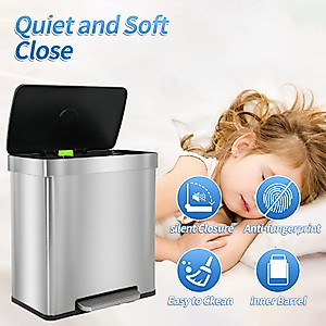 Dual Trash Can, 16 Gallon/ 60L Stainless Steel Trash and Recycling Combo with Lid & Double Barrel, Step Fingerprint-Proof Dual Compartment Garbage Cans for Kitchen Bedroom Bathroom Office