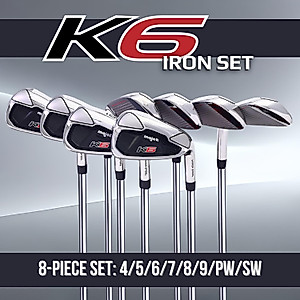 Majek K6 Iron Set +1 inch Over Big & Tall Men's 8-Piece Set (4-PW, SW) Right Handed Steel Shaft Regular Flex R Flex Club (Tall 6'0"+ / +1" Over) with Midsize Black Pro Velvet Grips