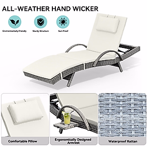 YITAHOME Patio Chaise Lounge Chair Set of 2, Wicker Chaise Lounge Outdoor Rattan Reclining Chair with Armrests/Pull-Out Cup Holder/5-Position Backrest/Cushion & Headrest-Beige