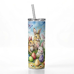 Easter Bunnies Watercolor Skinny Tumbler 20oz with Straw Insulated Water Bottle Gift