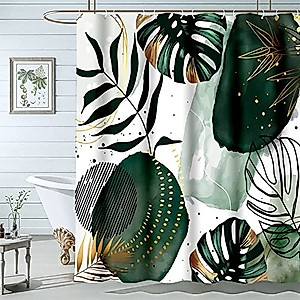 Famiffty Abstract Shower Curtain Green Chic Boho Shower Curtain 72 x 72 Inch Tropical Leaves Minimalist Simple Watercolor Fancy Modern Bathroom Decor Waterproof Polyester Fabric 12 Pack Plastic Hooks