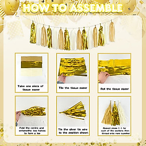 Gold Birthday Decorations Happy Birthday Party Decorations Set with Gold Birthday Banner, Gold White Yellow Balloons Paper Pom Poms, Gold Tassel Garland for Women Grils Kids Birthday Party Supplies