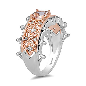Jewelili Enchanted Disney Fine Jewelry Sterling Silver and 10K Rose Gold 5x5 MM Cushion Cut Morganite and 1/5 Cttw Natural White Round Diamond Aurora Ring, Size 8
