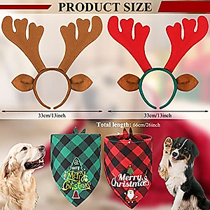 4 Pieces Christmas Dog Bandanas and Reindeer Antlers Headband Set, with 2 Christmas Dog Headband 2 Buffalo Plaid Pets Scarf Xmas Triangle Bibs Kerchief for Medium Large Dogs Pets Costume Accessories