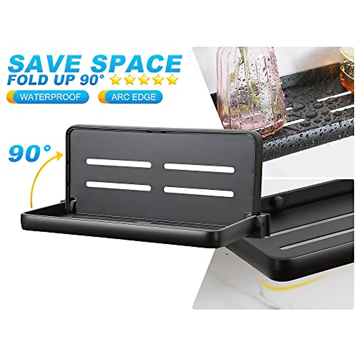 SKIKEN Folding Metal Shelf for Bathroom Wall Mounted, Small Folding Shelf for Laundry Room, 90° Fold Up and Waterproof, Toilet Phone Holder Shelf, Small Shelf for Sink Side, Kitchen(2 Pack, Black)