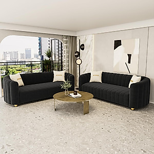 Moxoq Modern Black Velvet Couch for Living Room, 83.46" Curved Black Sofa with Gold Metal Sphere Legs, 3 Seater Comfy Cloud Couches for Bedroom Apartment (Velvet Black)