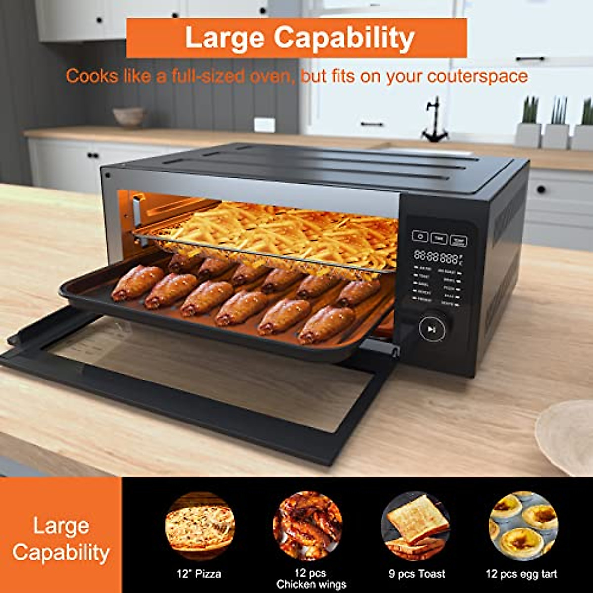Air Fryer Toaster Oven Combo - Fabuletta 10-in-1 Countertop Convection Oven 1800W, Flip Up & Away Capability for Storage Space, Oil-Less Air Fryer Oven Fit 12" Pizza, 9 Slices Toast, 5 Accessories