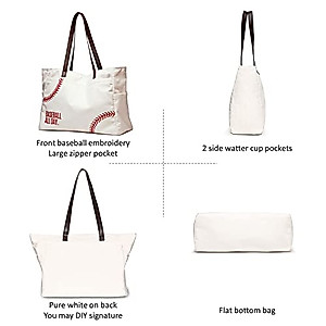 XL Baseball Mom Tote Bags For Women Canvas Utility Purse Handbag with Pockets Embroidery Baseball Prints Shoulder Beach Bag Baseball Stuff Gifts for Baseball Mom Boys Girls Lover (X-Large, White）