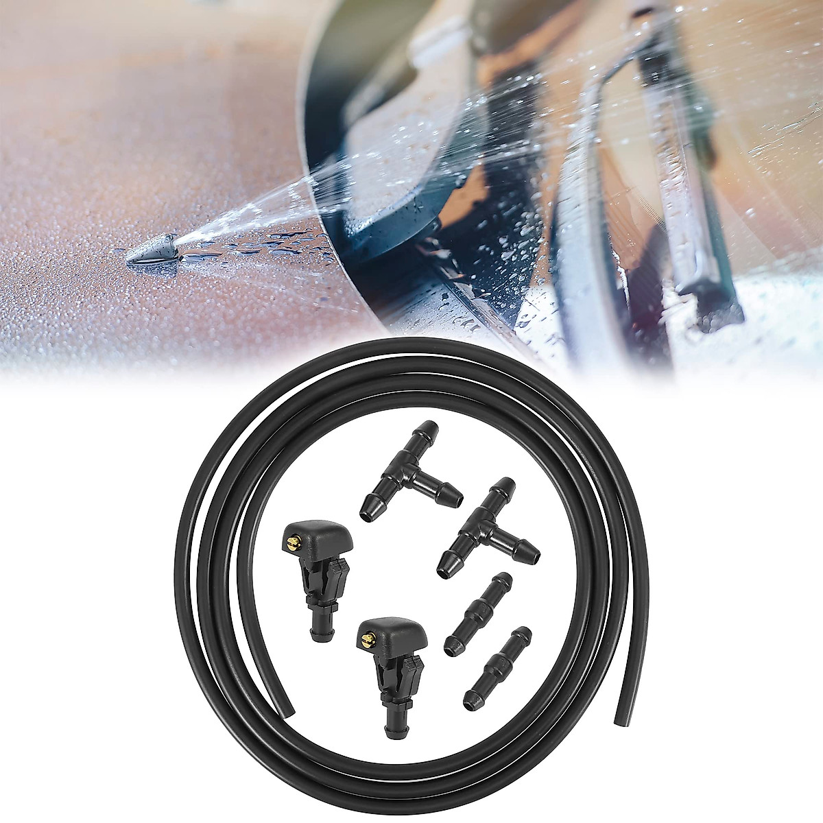 X AUTOHAUX 7pcs Front Windshield Washer Nozzles Kit for Ford F150 2005-2013 2 Meters Windshield Washer Hose with Connectors Replaces 3W7Z17603AA