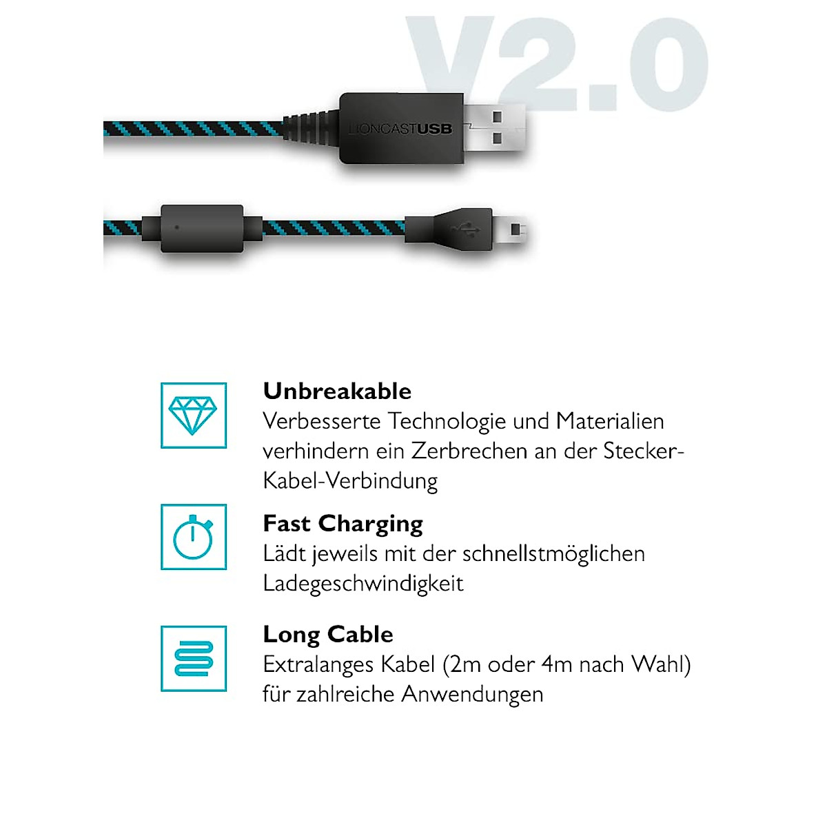 Lioncast Controller Cable for Xbox One and PS4 with Textile Cover Protection and Cable Strap Organizer | ps4 Charger Cable | Controller Charging Cable | Micro USB 2.0; 1 x 4 Meters – Blue and Black