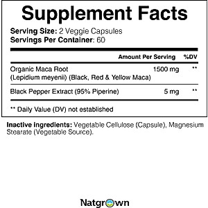 Natgrown Organic Maca Root Powder Capsules 1500 mg with Black + Red + Yellow Peruvian Maca Root Extract Supplement for Men and Women - Vegan Pills
