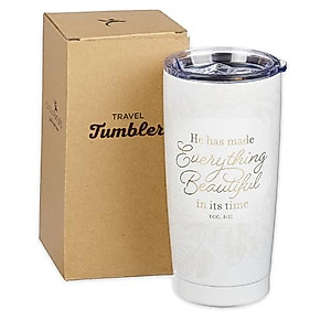 Christian Art Gifts Large Travel Tumbler for Women Stainless Steel Vacuum Insulated Inspirational Scripture: Everything Beautiful, Retractable Lid, Ivory White Floral, 18 oz.