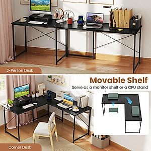 Tangkula L-Shaped Computer Desk with Power Outlets, 95” Long 2-Person Desk with Monitor Shelf, Modern Corner Desk Gaming Table with USB Ports for Home Office