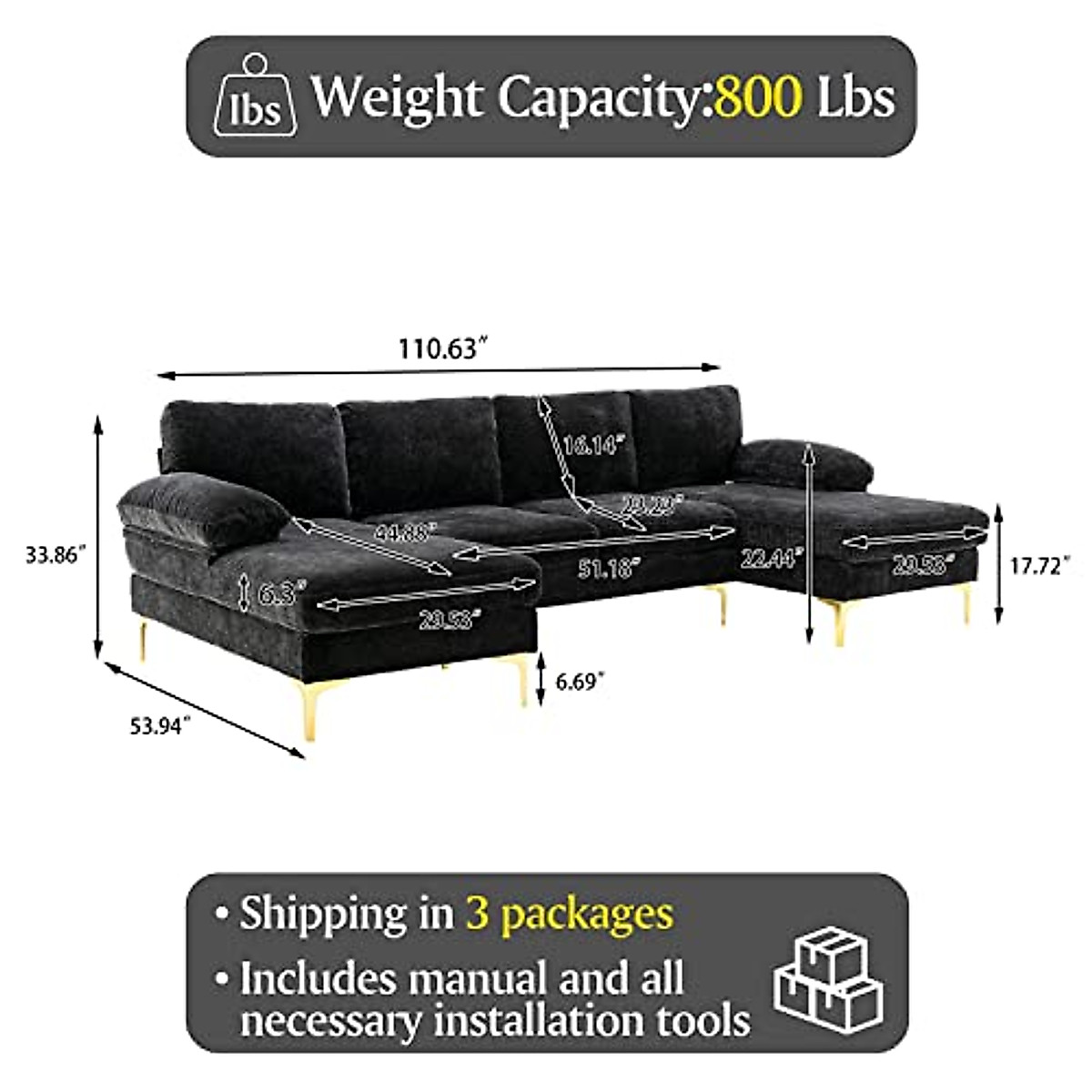 Homtique U Shaped Sectional Couch,Modern Large Modular Sectional Sofa for Living Room,Chenille Fabric Oversized Couch with Chaise Lounge and Golden Legs (Black)