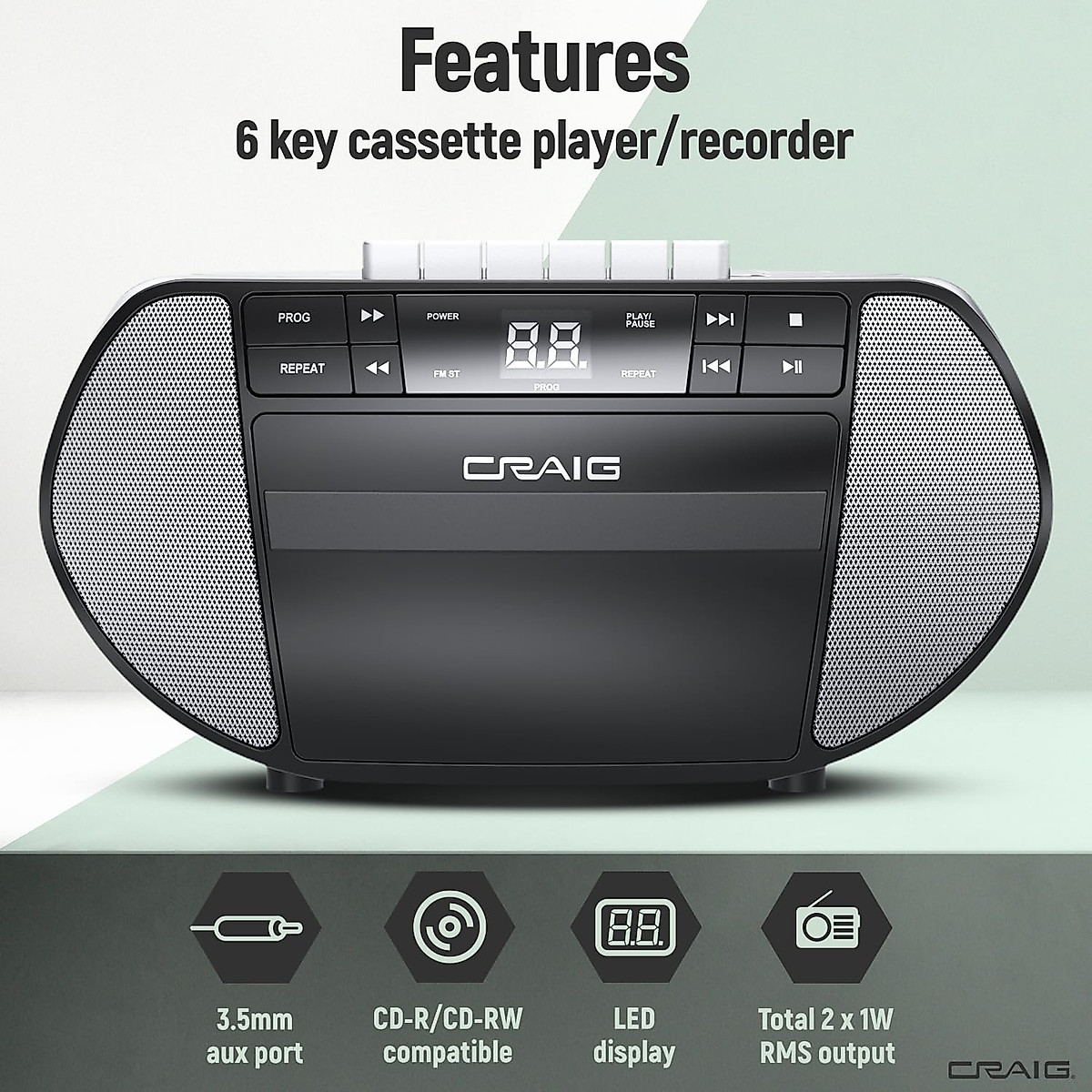 Craig Portable Top-Loading CD Boombox with AM/FM Stereo Radio and Cassette Player/Recorder in Black | Cassette Player/Recorder | LED Display (Black/Gray)