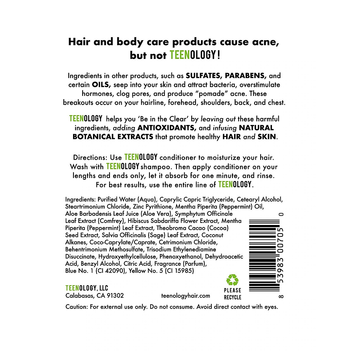 Teenology Conditioner for Teens - Avoid Forehead and Body Acne - Sulfate and Paraben Free, Noncomedogenic, Natural Botanical Extracts, Sweet Mint - 16 oz.