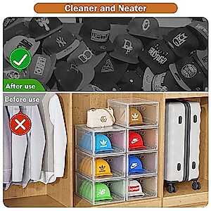 Hat Organizer Box Upgrade Harder Solid Plastic, 6 Pack Hat Organizer for Baseball Caps, Clear Hat Storage, Baseball Cap Organizer with Magnetic Door, Hat Rack, Hat Holder, Hat Case, Hat Box, White