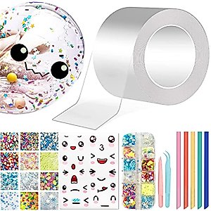 Nano Tape Bubble Kit, Super Elastic Bubble Balloons with 5pcs Straw, 2pcs Clamps, Stickers,12 Kinds of Glitter with Storage Box, Nano Tape Plastic Bubble Balloon DIY Craft Kit for Boys, Girl