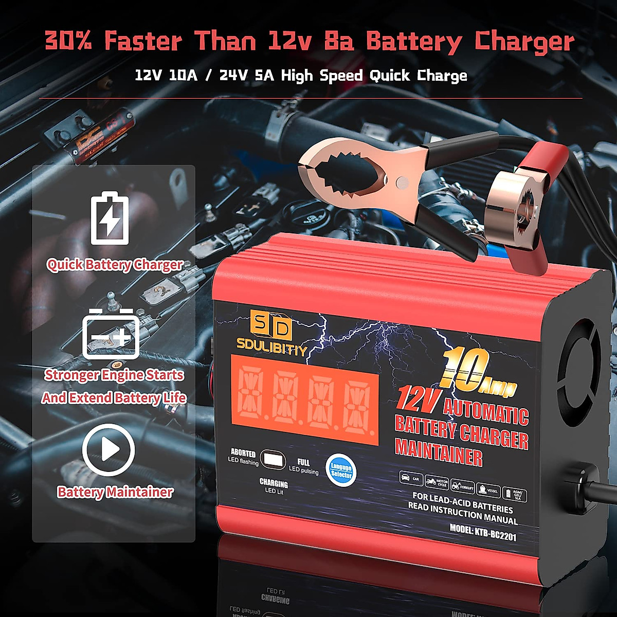 10A Fully-Automatic Smart Charger | 12V Automotive Car Battery Charger | Trickle Battery Charger Maintainer for Car Truck Motorcycle Lawn Mower Boat Marine Lead Acid Batteries
