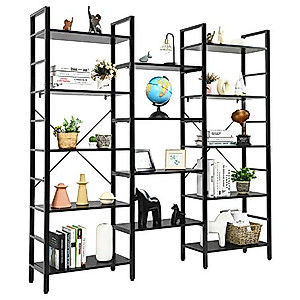 Tangkula Triple Wide 5-Tier Bookcase, Large Open Bookshelf, Display & Storage Shelf, Vintage Industrial Style Shelves with Metal Frame, Bookcase Furniture for Living Room, Study, Office (Black)