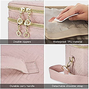 BAGSMART Medium Makeup Bag, Double Layer Large Cosmetic Makeup Organizer Travel Makeup Train Case with Shoulder Strap for Cosmetics Makeup Brushes Toiletries Travel Accessories (Pink)